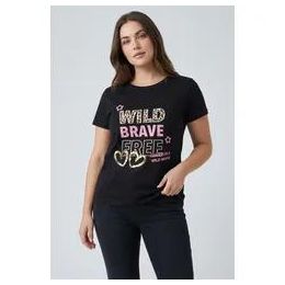 T-Shirt Zwillingsherz "Wild Brave Free", Damen, Gr. SM (S/M), schwarz, Single Jersey, Obermaterial: 92% Baumwolle, 8% Elasthan, unifarben mit Farbeinsatz, comfort fit h&uuml;ftlang, Rundhals, Shirts T-Shirt, Leo-Muster, Pailletten, Kurzarm, Rundhalsausschnitt, Schriftz&uuml;ge