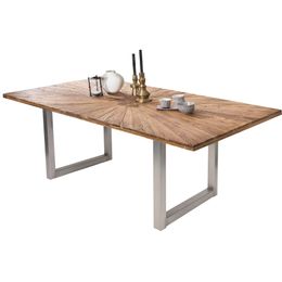 Esstisch Sit, braun (natur, antiksilber, antiksilber, natur), B:180cm H:75cm T:100cm, Platte recyceltes Teak, Gestell Metall, Tische, Esstisch, trendiges Kufen-Gestell