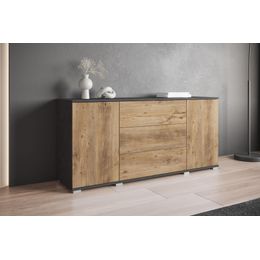 Sideboard OTTO HOME "Kenia, Kommode f&uuml;r das Schlafzimmer/Wohnzimmer", grau (matera anthrazit, kastanie breslau), B:150cm H:69cm T:39cm, FSC-zertifizierter Holzwerkstoff, Hartfaserplatte, Kunststoff, Sideboards, Sideboard, Modernes Sideboard mit 3 Schubladen und 4 F&auml;chern, Breite 150 cm