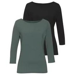 3/4-Arm-Shirt Lascana, Damen, Gr. 32/34, gr&uuml;n (eukalyptus, schwarz), Single Jersey, Obermaterial: 50% Baumwolle, 45% Modal (TENCELTM), 5% Elasthan, unifarben, Basic, bequem, U-Boot-Ausschnitt, Shirts 3/4-Arm-Shirt, aus elastischer Baumwoll-Modal-Qualit&auml;t