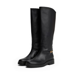 Stiefel Tommy Hilfiger "TH HORSEBIT RIDING LONG BOOT", Damen, Gr. 38, Normalschaft, schwarz, Leder, unifarben, Schuhe Stiefel, Blockabsatz, Langschaftstiefel, goldfarbene Zierkette an der Ferse