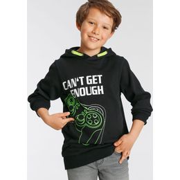 Kidsworld Jungen Kapuzensweatshirt "CAN ́T GET ENOUGH - Spruch", schwarz, Gr. 152, bedruckt, angeraute Sweatware, Obermaterial: 100% Baumwolle,