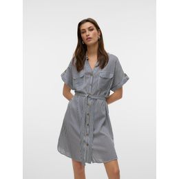V&eacute;ro Moda Hemdblusenkleid VERO MODA "VMBUMPY SS SHORT SHIRT DRESS WVN GA NOOS", Damen, Gr. XS, N-Gr, wei&szlig; (india ink stripes:snow wei&szlig;), Web, Obermaterial: 100% Viskose, gestreift, regular fit kurz, V-Ausschnitt, Kleider Hemdblusenkleid, Viskose, loose fit