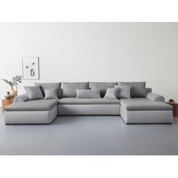 Wohnlandschaft Home Affaire "Win U-Form, B: 366 cm - OTTO. Verl&auml;ssliche Qualit&auml;t.", grau (hellgrau, silbergrau), B:366cm H:85cm T:176cm, 100% Polyester, Sofas, Wohnlandschaft, mit Bettfunktion, Bettkasten & 5 Zierkissen