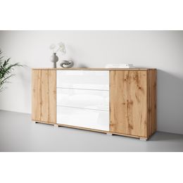 Sideboard OTTO HOME "Kenia, Kommode f&uuml;r das Schlafzimmer/Wohnzimmer", wei&szlig; (eichefarbe votan, wei&szlig; hochglanz), B:150cm H:69cm T:39cm, FSC-zertifizierter Holzwerkstoff, Hartfaserplatte, Kunststoff, Sideboards, Sideboard, Modernes Sideboard mit 3 Schubladen und 4 F&auml;chern, Breite 150 cm