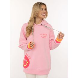 Hoodie Zwillingsherz "Always Happy", Damen, Gr. L/XL, rosa, Sweatware, Obermaterial: 50% Baumwolle, 50% Polyester, unifarben, normal h&uuml;ftbedeckend, V-Ausschnitt, Sweatshirts Hoodie, Smiley aus Frottee, Neon-Details, Kapuze, Langarm