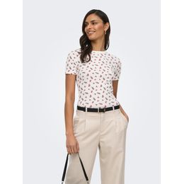 Jacqueline de Yong Kurzarmshirt JDY "JDYLUCKY S/S O NECK TOP JRS DIA", Damen, Gr. XS, cloud dancer aop:rose, Jersey, Obermaterial: 95% Baumwolle, 5% Elasthan, bedruckt, slim fit normal, Rundhals, Shirts Kurzarmshirt