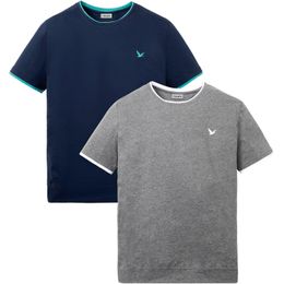 T-Shirt bonprix "T-Shirt (2er Pack)", Herren, Gr. 60/62 (XXL), blau (dunkelblau, grau meliert), Jersey, Obermaterial: 100% Baumwolle, kontrastfarbene Details, mehrfarbig, unifarben, regular fit h&uuml;ftbedeckend, Rundhals, Shirts T-Shirt, regular fit Passform, Kurzarm, aus Baumwolle, Lagen-Look