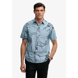 Kurzarmhemd Superdry "VINTAGE LOOM S/S SHIRT", Damen, Gr. L, N-Gr, mid wash blau hawaiian, Web, Obermaterial: 100% Baumwolle, gemustert, relaxed fit normal, Rundhals, Hemden Kurzarmhemd, mit sommerlich coolem Hawaii-Blumen-Print