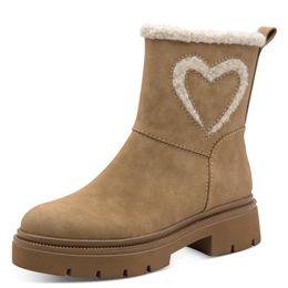 Winterboots Marco Tozzi, Damen, Gr. 40, beige, Lederimitat, used, Basic, Schuhe Winterboots, Blockabsatz, Stiefelette mit Teddy-Herzapplikation an der Seite