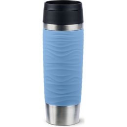 Thermobecher Emsa "Travel Mug Classic Wave", blau (pastell, blau), H:24,2cm &Oslash;:8cm, Edelstahl, Kunststoff, Silikon, Trinkgef&auml;&szlig;e, Thermobecher, 100% dicht, sp&uuml;lmaschinenfest, 360-Trink&ouml;ffnung