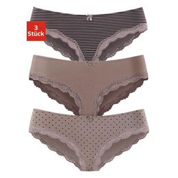 Slip Lascana, Damen, Gr. 32/34, grau (taupe, gepunktet, gestreift, uni), Obermaterial: 95% Baumwolle, 5% Elasthan. Spitze: 87% Polyamid, 13% Elasthan, gepunktet, gestreift, unifarben, Unterhosen Slip, aus elastischer Baumwolle mit zarter Spitze, Topseller
