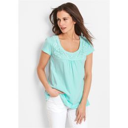 T-Shirt bonprix, Damen, Gr. 44/46 (L), polarmint, Jersey, Obermaterial: 100% Baumwolle. Spitze: 100% Baumwolle, unifarben, figurumspielend h&uuml;ftlang, Rundhals, Shirts T-Shirt, bequeme Passform, mit Spitzenapplikation in H&auml;kel-Optik, aus Baumwolle