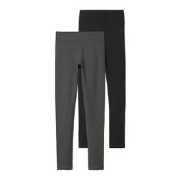 Leggings name it "NKFVIVIAN 2P LEGGING L NOOS", M&auml;dchen, Gr. 86/92, N-Gr, grau (dunkelgrau melangepack:packed with schwarz), Jersey, Obermaterial: 95% Baumwolle, 5% Elasthan, meliert, unifarben, slim fit lang, Hosen Leggings
