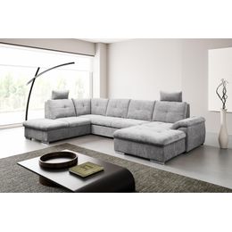Wohnlandschaft WERK2 "Arena, B/T: 339/220 cm breit, moderner, einladender Sitzkomfort", grau, B:339cm H:102cm T:220cm, 100% Polyester, Sofas, Wohnlandschaft, 2x Kopfst&uuml;tzen, Schlaffunktion und Bettkasten, U-Form