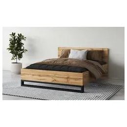 Bett Home Affaire "Bronne, TOPESELLER Industrial Design", braun (wotan eiche, wotan eiche, schwarz), B:148cm H:93,5cm L:208,5cm, Betten, Bett, mit Kufen in Metalloptik, FSC-zertifiziert, Made in EU