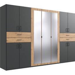 Kleiderschrank wimex "Taiga Kleiderschrank mit Spiegel Topseller", grau (graphit, artisan), B:313cm H:210cm T:58cm, Holzwerkstoff, Schr&auml;nke, Kleiderschrank, mit Schubladen auf bequemer H&ouml;he