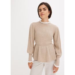bonprix Damen Strickpullover "Pullover", beige, Gr. 44, unifarben mit Farbeinsatz, Strick, Obermaterial: 97% Polyester, 3% Elasthan, Pullover, mit
