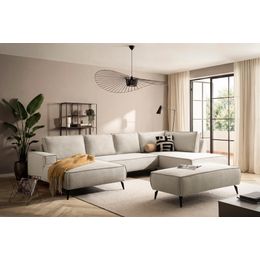 Wohnlandschaft Home Affaire "Tvinnu, moderne U-Form, Couch in Cord oder Webstoff in Leinenoptik", hellbeige, B:354cm H:83cm T:193cm, Sofas, Wohnlandschaft, Recamiere rechts/links, schwarze Metallf&uuml;&szlig;e, bequeme Sitz-/Liegefl&auml;che