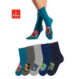 H.I.S. Socken H.I.S, M&auml;dchen, Gr. 39-42, bunt (1x navy, 1x petrol, 1x khaki, 1x hellgrau, melange, 1x blau), Baumwollmischung, gemustert, Socken Socken, mit Dinosauriermotiven