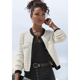 Strickjacke Lascana, Damen, Gr. 32/34, schwarz (creme, schwarz), Strick, Obermaterial: 37% Polyester, 36% Polyacryl, 22% Baumwolle, 5% Elasthan, unifarben mit Farbeinsatz, figurbetont taillenbedeckt, Rundhals, kontrastfarben, Strickjacken Strickjacke, mit dezentem Lurexgarn, Kontrastb&uuml;ndchen, casual-chic, elegant, Topseller