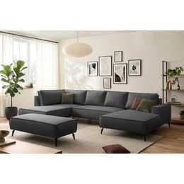 Wohnlandschaft Home Affaire "Tvinnu, moderne U-Form, Couch in Cord oder Webstoff in Leinenoptik", anthrazit, B:354cm H:83cm T:193cm, Sofas, Wohnlandschaft, Recamiere rechts/links, schwarze Metallf&uuml;&szlig;e, bequeme Sitz-/Liegefl&auml;che