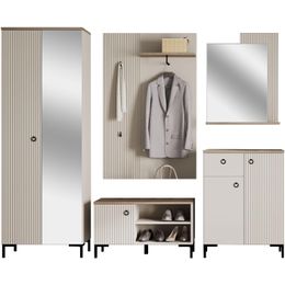 Garderoben-Set Home Affaire "Luminara", beige (cashmere (beige), eiche), B:245cm H:199cm T:41cm, Floatglas, Holzwerkstoff, MDF, Metall, Kastenm&ouml;bel-Sets, Garderoben-Set, Komplettset: Schrank mit Spiegel, Sitzbank, Paneel, Kommode & Spiegel