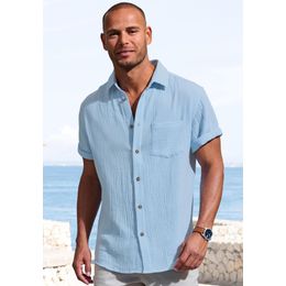 Beach Time Kurzarmhemd BEACHTIME "Regular fit", Herren, Gr. XXL (45/46), N-Gr, blau (hellblau), Web, Obermaterial: 100% Baumwolle, unifarben, regular fit, Rundhals, abgesteppte Kante, Hemden Kurzarmhemd, Kurzarm, Freizeithemd aus Musselin-Ware