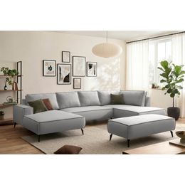 Wohnlandschaft Home Affaire "Tvinnu, moderne U-Form, Couch in Cord oder Webstoff in Leinenoptik", silbergrau, B:354cm H:83cm T:193cm, Sofas, Wohnlandschaft, Recamiere rechts/links, schwarze Metallf&uuml;&szlig;e, bequeme Sitz-/Liegefl&auml;che
