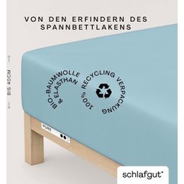 Spannbettlaken Schlafgut "PURE BOXSPRING Bio-Baumwolle mit Elasthan, 170 g/m&sup2;, Bettlaken", blau (blau light), 1 Stk., Jersey-Elasthan, 140-160x200-220 40cm, Jersey-Elasthan, Obermaterial: 95% Baumwolle, 5% Elasthan, Bettlaken, Spannbettlaken, PREMIUM Boxspringbett Laken bis 40 cm H&ouml;he, dehnbar blickdicht, straff