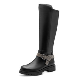 Stiefel MARCO TOZZI by GMK, Damen, Gr. 41, Normalschaft, schwarz, Lederimitat, kontrastfarbene Details, unifarben, Schuhe Stiefel, Blockabsatz, Langschaftstiefel mit schmuckbesetztem Zierriegel