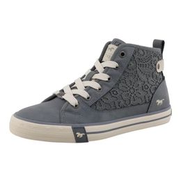 Sneaker Mustang Shoes "Winona", Damen, Gr. 36, jeansblau, Lederimitat, Textil, Schuhe Sneaker, Schn&uuml;rboots, High Top-Sneaker mit Bl&uuml;ten-Stickerei