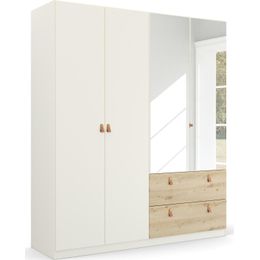 Dreht&uuml;renschrank Rauch "Kleiderschrank Schrank Garderobe Ankleide HOMEY BY QUADRA SPIN", wei&szlig; (alpinwei&szlig;, eiche artisan), B:181cm H:210cm T:54cm, Holzwerkstoff, Schr&auml;nke, Dreht&uuml;renschrank, mit cognacbraunen Ledergrifflaschen, Schubladen in Eichen-Dekor