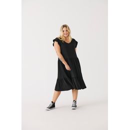Jerseykleid Only CARMAKOMA "CARMAY LIFE CAP SL FRILL DRESS JRS NOOS", Damen, Gr. M (46/48), N-Gr, schwarz, Jersey, Obermaterial: 100% Baumwolle, unifarben, regular fit, V-Ausschnitt, Kleider Jerseykleid, Sommerkleid