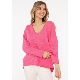 Sweatshirt Zwillingsherz "&bdquo;Positive Mind Neon Kante&rdquo;", Damen, Gr. SM (S/M), pink, angeraute Sweatware, Obermaterial: 70% Baumwolle, 30% Polyester, unifarben, normal h&uuml;ftlang, V-Ausschnitt, Sweatshirts Sweatshirt, mit Kontrastnaht, V-Neck, washed out Optik, langarm