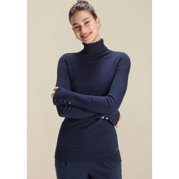 Rollkragenpullover Tamaris, Damen, Gr. 46, blau (solid navy), Obermaterial: 70% Viskose, 30% Polyamid, unifarben, figurbetont h&uuml;ftlang, Rippb&uuml;ndchen mit Druckkn&ouml;pfen, Pullover Rollkragenpullover, in enger Form mit Knopfdetails