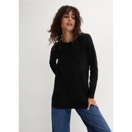 Langarmshirt bonprix, Damen, Gr. 32/34 (XS), schwarz, Web, Obermaterial: 95% Baumwolle, 5% Elasthan, unifarben, oversize Po-bedeckend, U-Boot-Ausschnitt, gerader Abschluss, Shirts Langarmshirt, Oversize Passform, Rundhalsausschnitt, aus Baumwolle