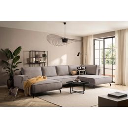 Wohnlandschaft Home Affaire "Tvinnu, moderne U-Form, Couch in Cord oder Webstoff in Leinenoptik", hellbraun, B:354cm H:83cm T:193cm, Sofas, Wohnlandschaft, Recamiere rechts/links, schwarze Metallf&uuml;&szlig;e, bequeme Sitz-/Liegefl&auml;che
