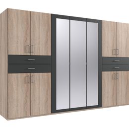 Kleiderschrank wimex "Taiga Kleiderschrank mit Spiegel Topseller", grau (struktureichefarben hell, graphit), B:313cm H:210cm T:58cm, Holzwerkstoff, Schr&auml;nke, Kleiderschrank, mit Schubladen auf bequemer H&ouml;he