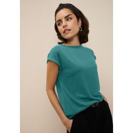 T-Shirt Tamaris, Damen, Gr. 38, blau (petrol), Single Jersey, Obermaterial: 95% Viskose, 5% Elasthan, Basic, regular fit h&uuml;ftbedeckend, Rundhals, Aufschlag, Shirts T-Shirt, Regular Fit, mit &uuml;berlappenden Schultern, Kurzarm mit Aufschlag, Topseller