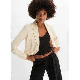 Kurzblazer bonprix "Kurzblazer", Damen, Gr. 44, beige (kieselbeige), Obermaterial: 95% Polyester, 5% Elasthan. Futter: 100% Polyester, festlich, slim fit, Blazer Kurzblazer, eleganter Stil, Slim Fit, aus Polyester und Elasthan
