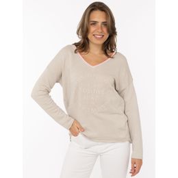 Sweatshirt Zwillingsherz "&bdquo;Positive Mind Neon Kante&rdquo;", Damen, Gr. L/XL, light beige, angeraute Sweatware, Obermaterial: 70% Baumwolle, 30% Polyester, normal h&uuml;ftlang, V-Ausschnitt, Sweatshirts Sweatshirt, mit Kontrastnaht, V-Neck, washed out Optik, langarm