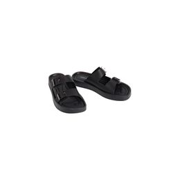 Pantolette Calvin Klein "ERGON DOUBLE BAR SANDAL LTH", Damen, Gr. 44, schwarz, Leder, unifarben, Basic, Schuhe Pantolette, Strandschuh, Sommerschuh, unifarbener Flat mit Logoschriftzug