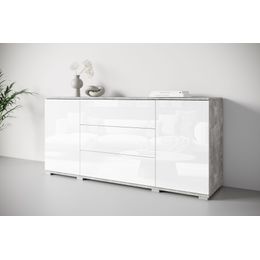 Sideboard OTTO HOME "Kenia, Kommode f&uuml;r das Schlafzimmer/Wohnzimmer", wei&szlig; (betonoptik, wei&szlig; hochglanz), B:150cm H:69cm T:39cm, FSC-zertifizierter Holzwerkstoff, Hartfaserplatte, Kunststoff, Sideboards, Sideboard, Modernes Sideboard mit 3 Schubladen und 4 F&auml;chern, Breite 150 cm