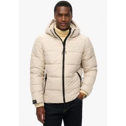 Steppjacke Superdry "HOODED SPORTS PUFFR JACKET", Herren, Gr. M, beige (pelican beige), Web, Obermaterial: 100% Polyester, unifarben, slim fit, elastischer Bund, Jacken Steppjacke, mit kontrastfarbener Stickerei