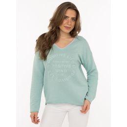 Sweatshirt Zwillingsherz "&bdquo;Positive Mind Neon Kante&rdquo;", Damen, Gr. L/XL, aqua, angeraute Sweatware, Obermaterial: 70% Baumwolle, 30% Polyester, normal h&uuml;ftlang, V-Ausschnitt, Sweatshirts Sweatshirt, mit Kontrastnaht, V-Neck, washed out Optik, langarm