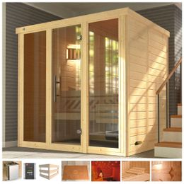 Sauna Weka "Kemi Panorama", beige (naturbelassen), Bio-Kombiofen, externe Steuerung, 7,5 kW, Saunen, Sauna, 7,5 kW Bio-Ofen mit ext. Steuerung