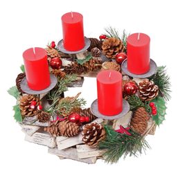 Adventskranz MCW-H49, Weihnachtsdeko Adventsgesteck Gesteck, Holz MVG-zertifiziert rund &Oslash; 33cm ~ inkl. 4x Kerzen rot