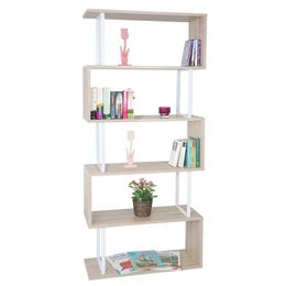 B&uuml;cherregal MCW-A27, Standregal Wohnregal, 183x80cm 3D-Struktur 5 Ebenen ~ Eiche-Optik, Metall wei&szlig;