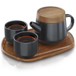 arendo Teeservice Keramik Teekannen Set 0,6 L, 5-tlg., japanisches Design, mit Teesieb, Porzellan, 2 Tassen, Tablett